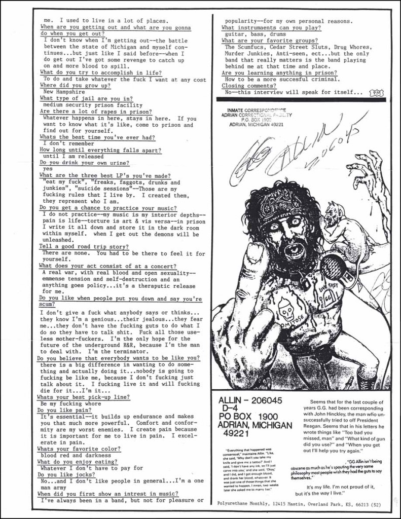 UNSEEN INTERVIEW WITH GG ALLIN FROM JAIL, 1991 - Jenkem Magazine